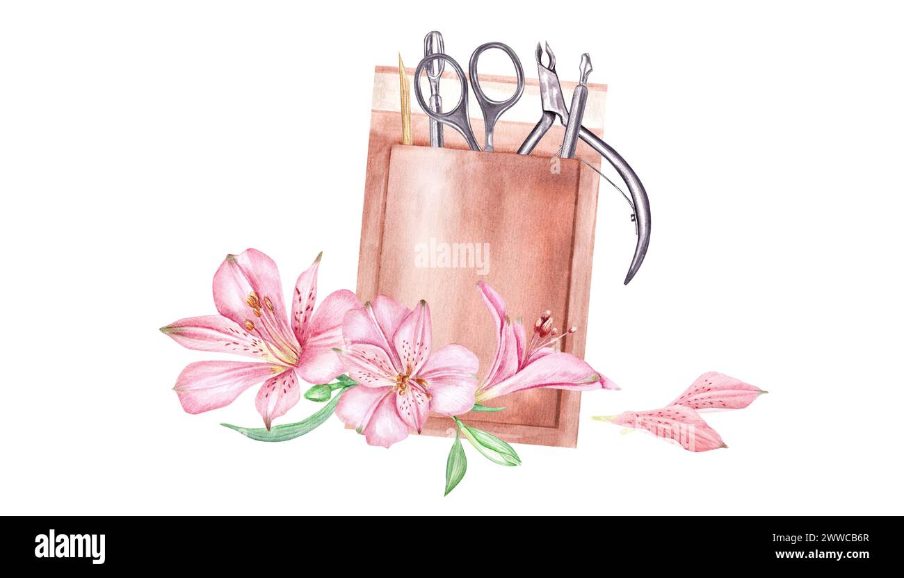 Manicure tools in paper heat drybag. Nail scissors, stick, trimmer ...