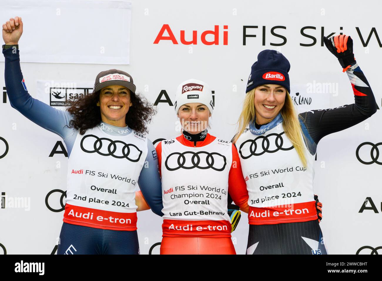 Saalbach, Austria. 23rd Mar, 2024. The top 3 women in the overall ...