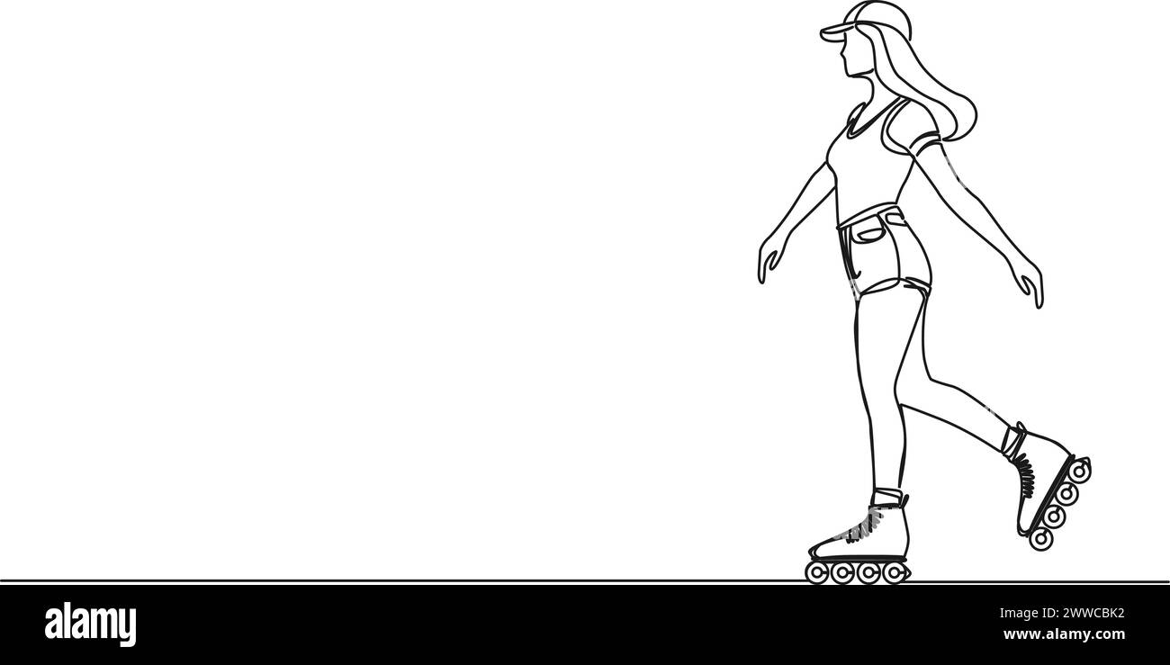 continuous single line drawing of young woman on inline skates, line ...