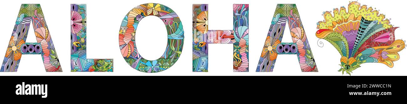 Aloha word custom writing letters isolated on white background, Hawaiian language greeting ...