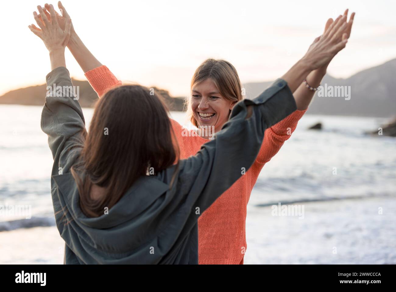 Carefree friends giving high-five with arms raised Stock Photo - Alamy