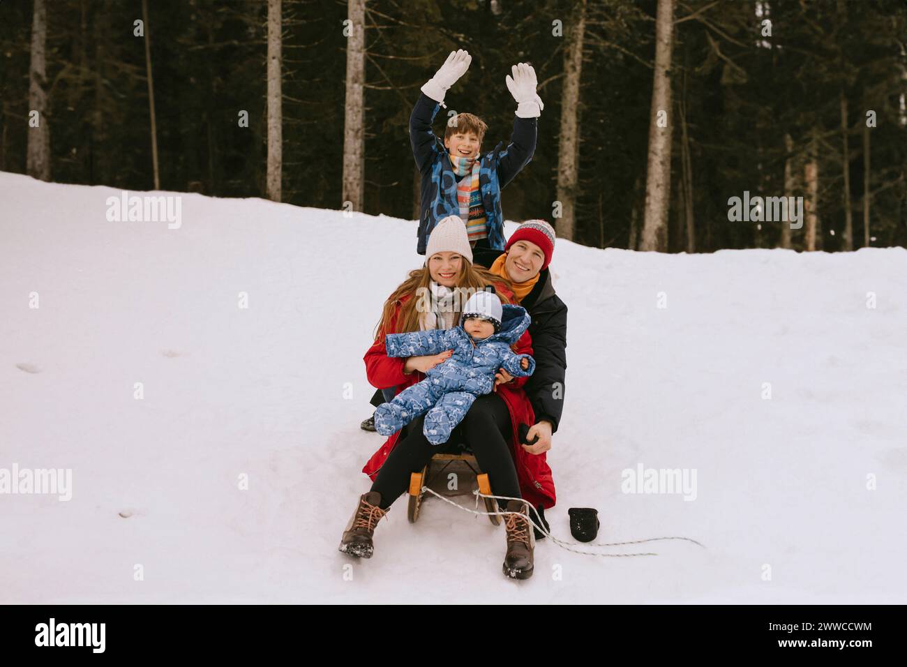 Happy family having fun in winter forest Stock Photo - Alamy