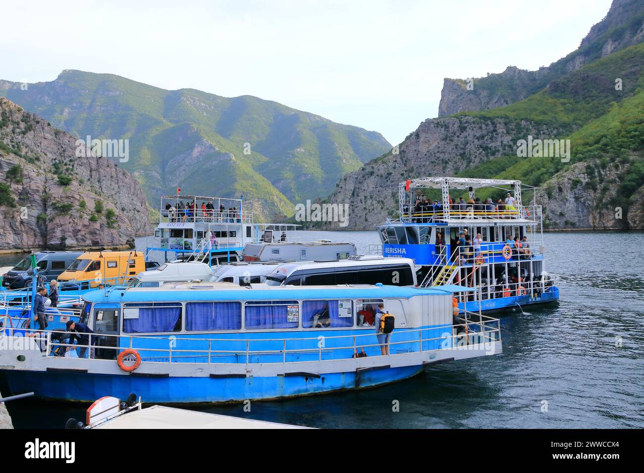 September 20 2023 - Lake Koman in Albania: people and cars waiting at ...