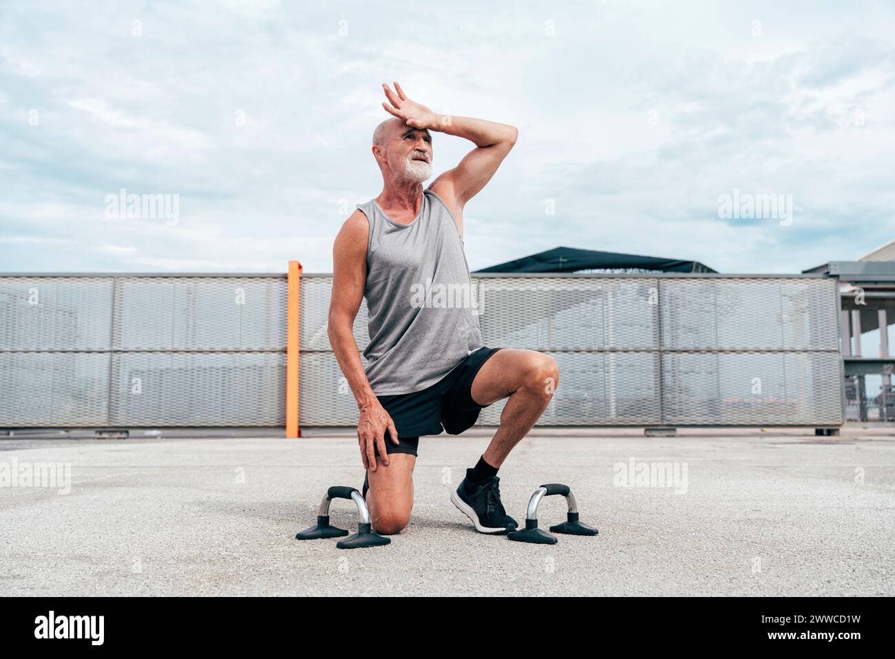 Tired retired senior man kneeling by handles on footpath Stock Photo ...