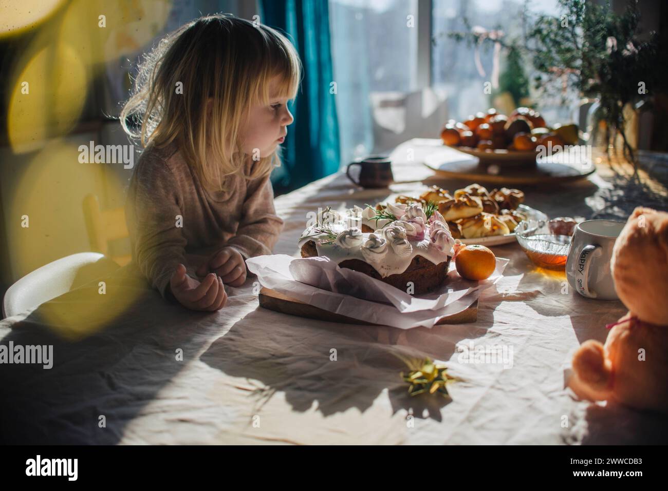 Girl staring at cake on dining table at home Stock Photo - Alamy