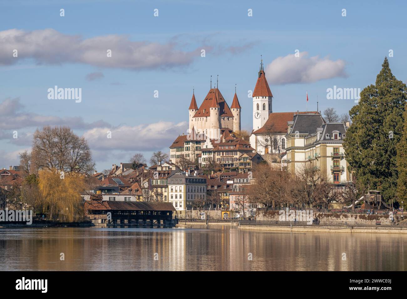 Switzerland, Bern Canton, Thun, Lake with Thun Castle in background ...