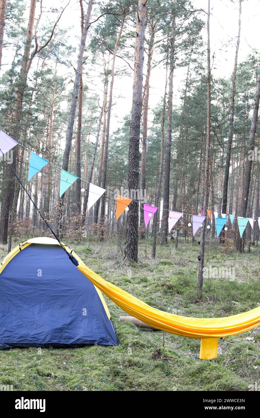 Forest campsite with tent, hammock and bunting Stock Photo - Alamy