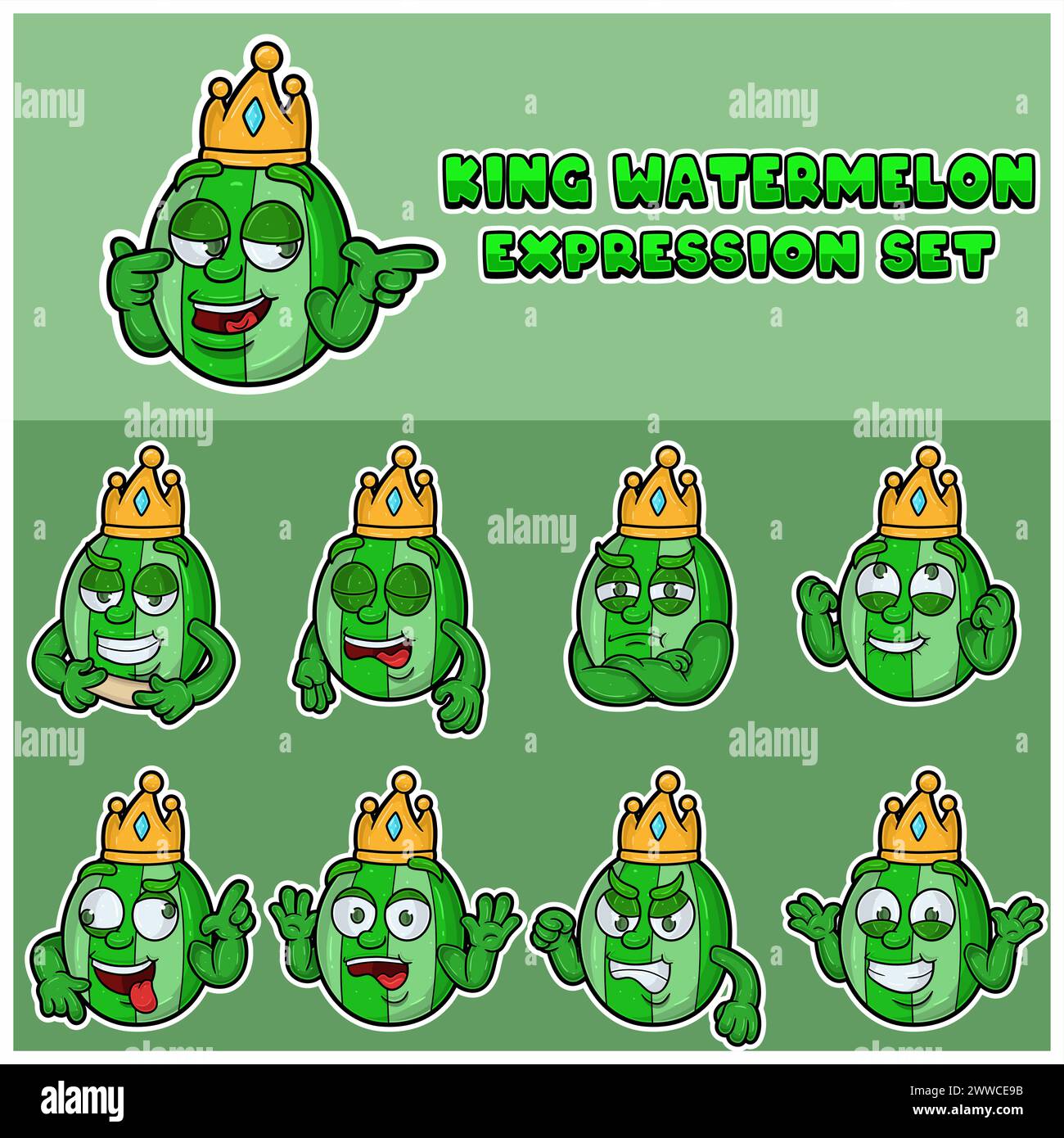 Cartoon of King Watermelon Expression Set With Crown. Vector ...