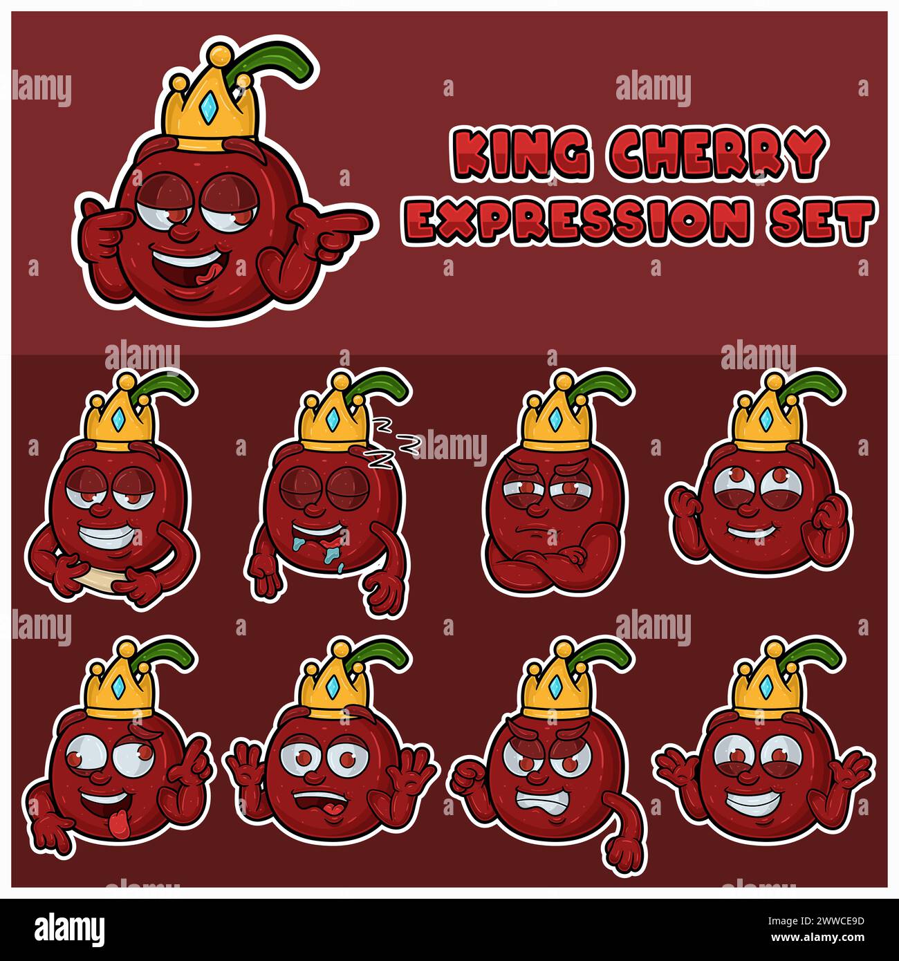 Cartoon of King Cherry Expression Set With Crown. Vector Illustrations ...