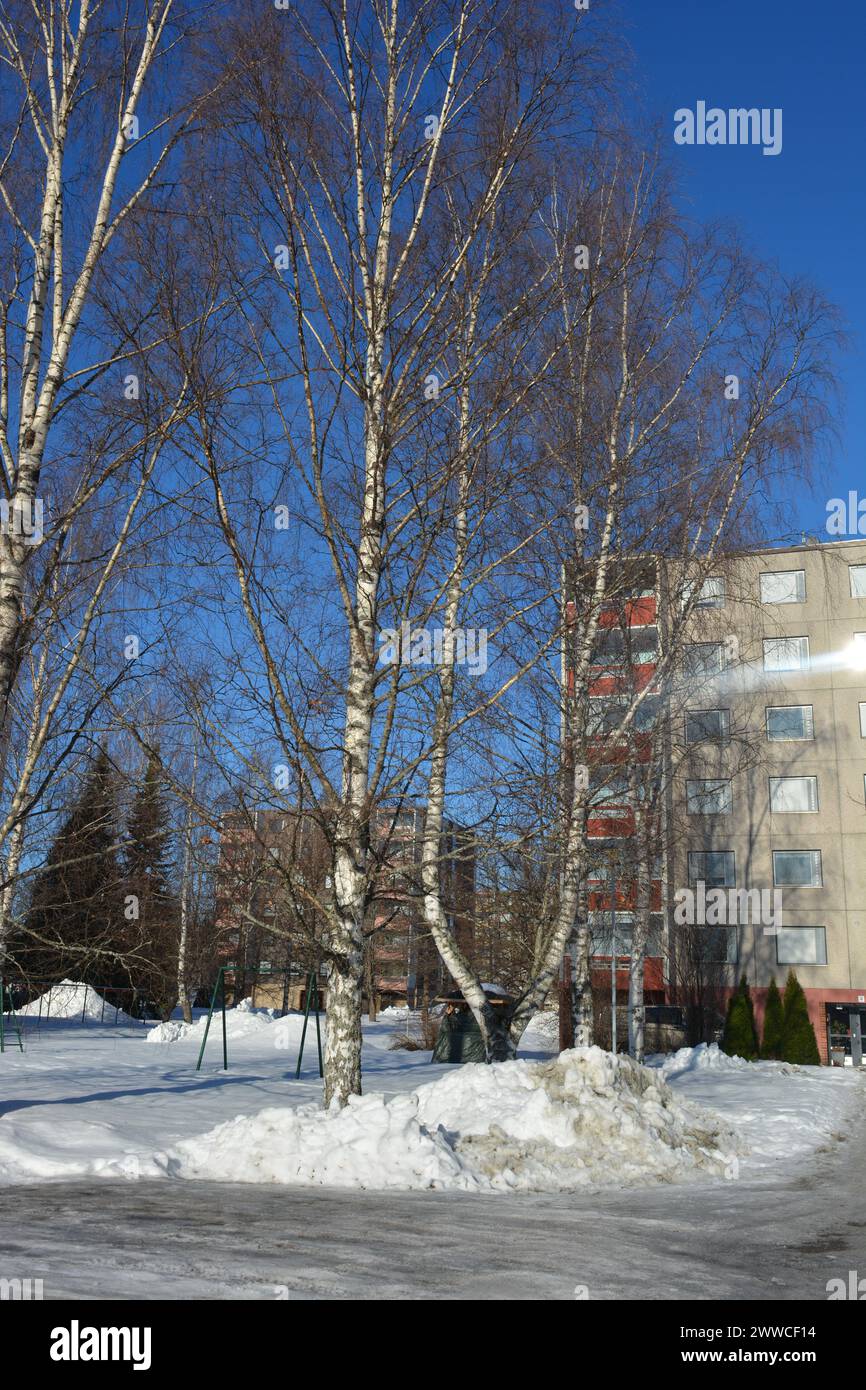 Bright winter weather in the small town of Varkaus, Finland. A lot of ...