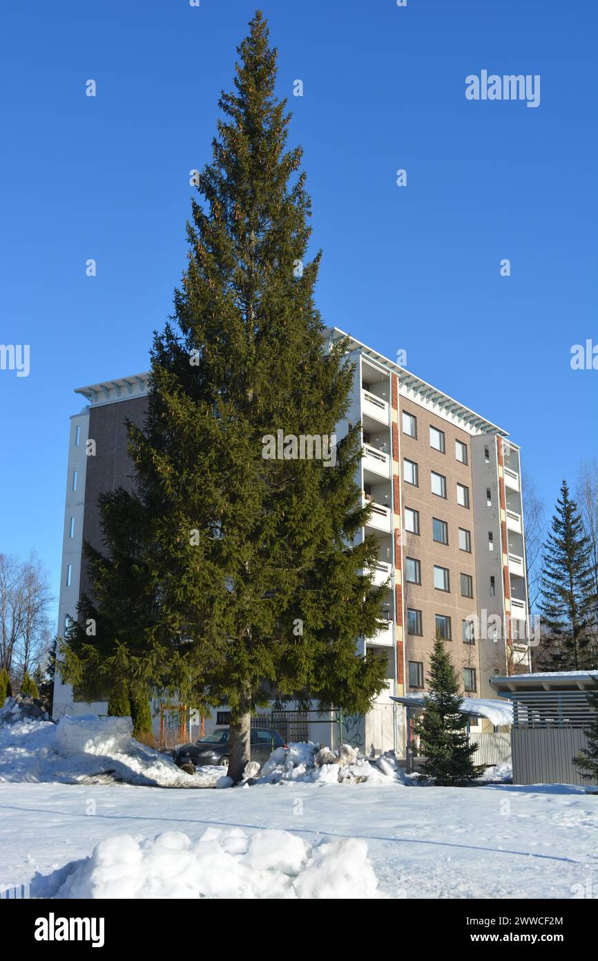 Bright winter weather in the small town of Varkaus, Finland. A lot of ...