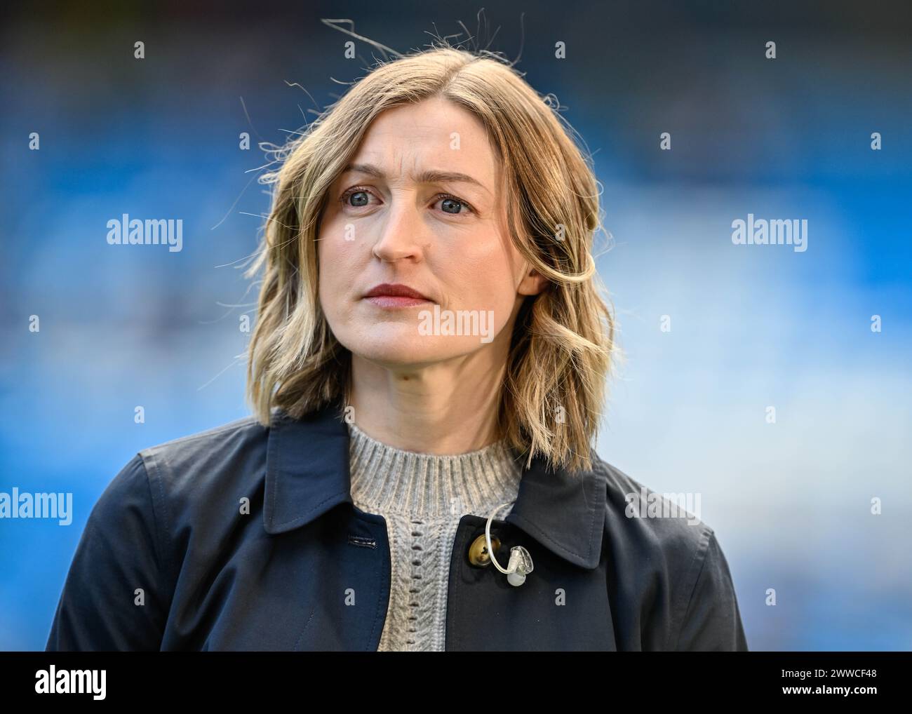 Former Manchester City footballer Ellen White pitch side, during the ...