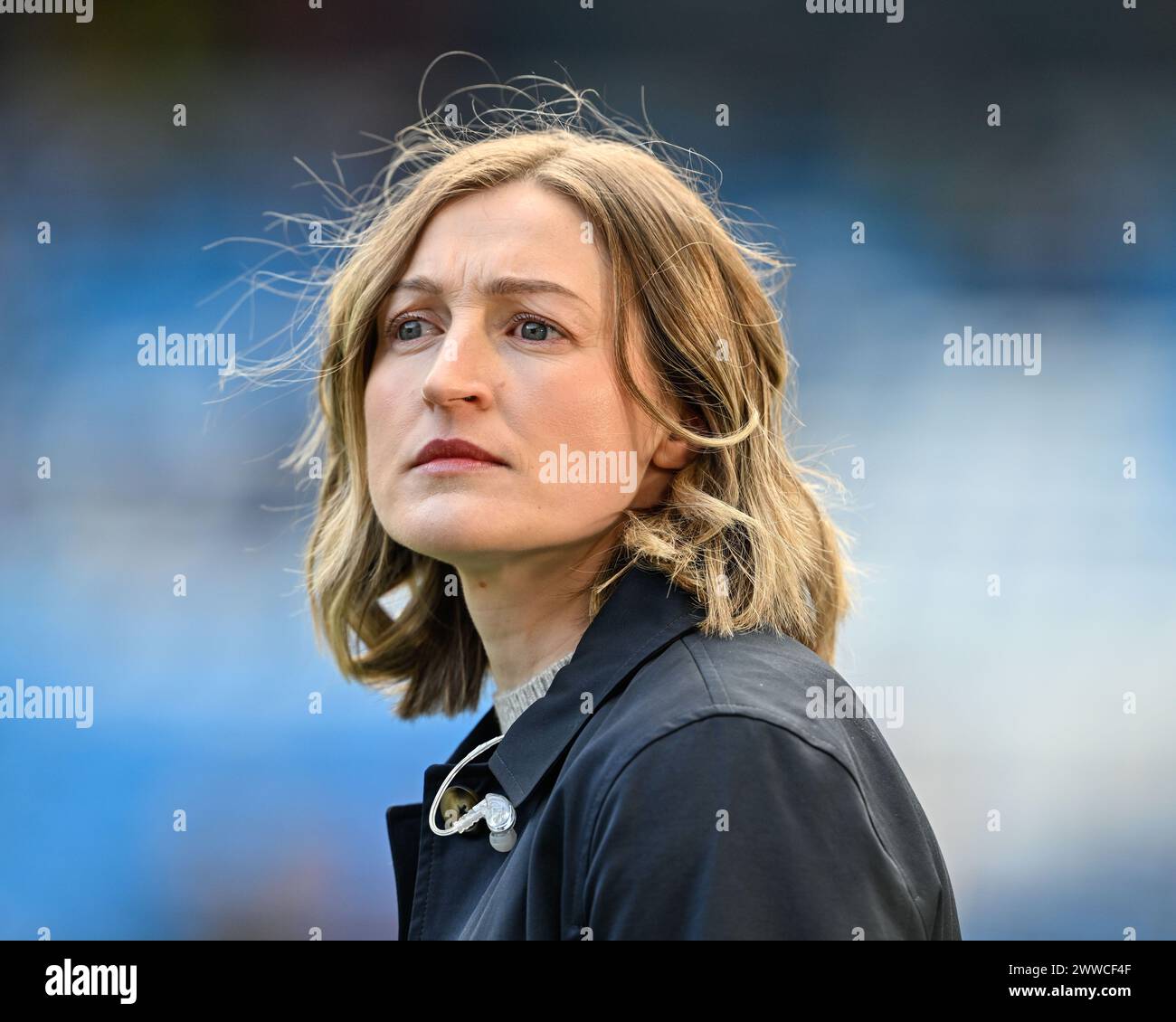 Former Manchester City footballer Ellen White pitch side, during the ...