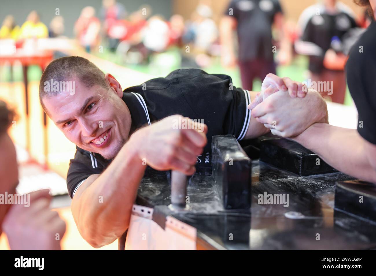 23 March 2024, Bavaria, Nuremberg: Armwrestler Ladislav Hervay (l ...