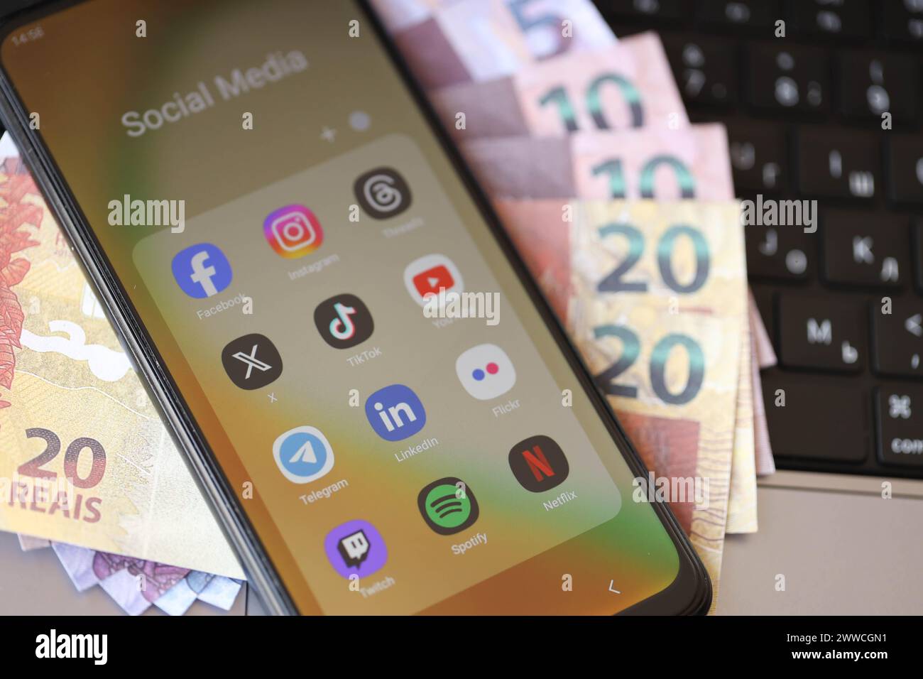 KYIV, UKRAINE - FEBRUARY 28, 2024 Social Media icons group on Galaxy ...