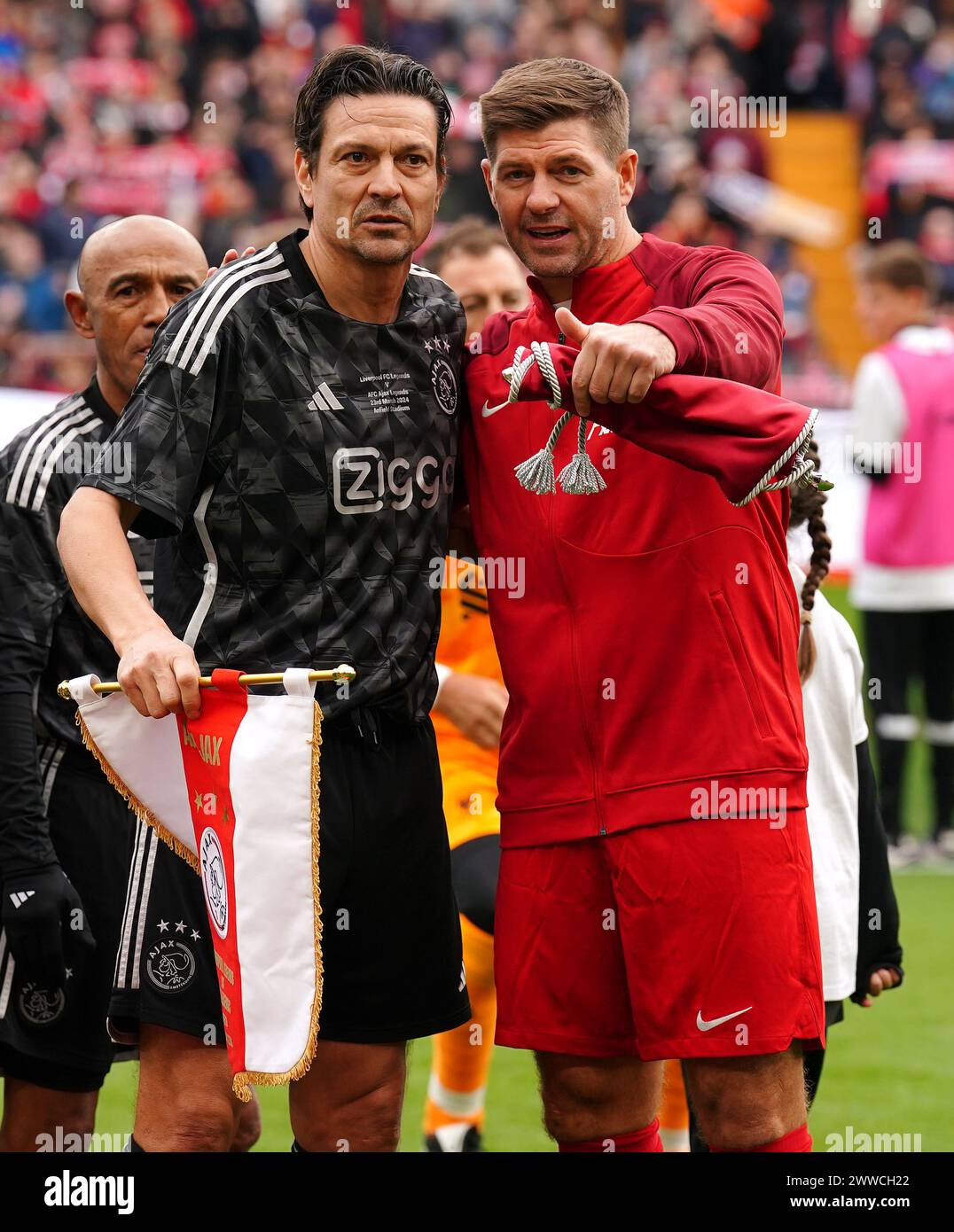Liverpool Legends' Steven Gerrard with Ajax Legends' Jari Litmanen ...