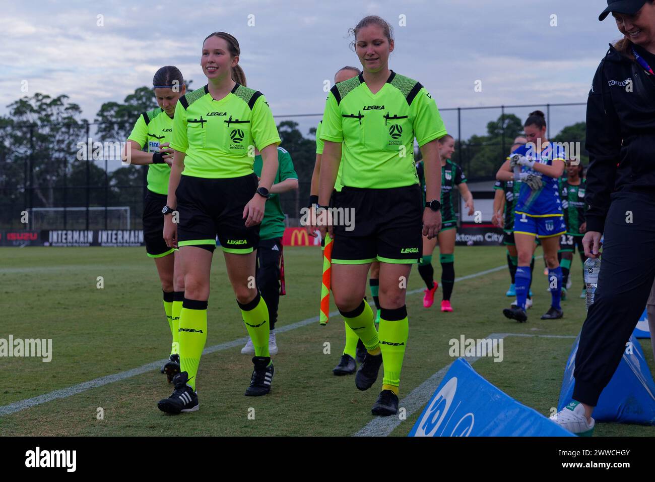 Match referees walk onto the pitch before the A-League Women Rd21 match ...