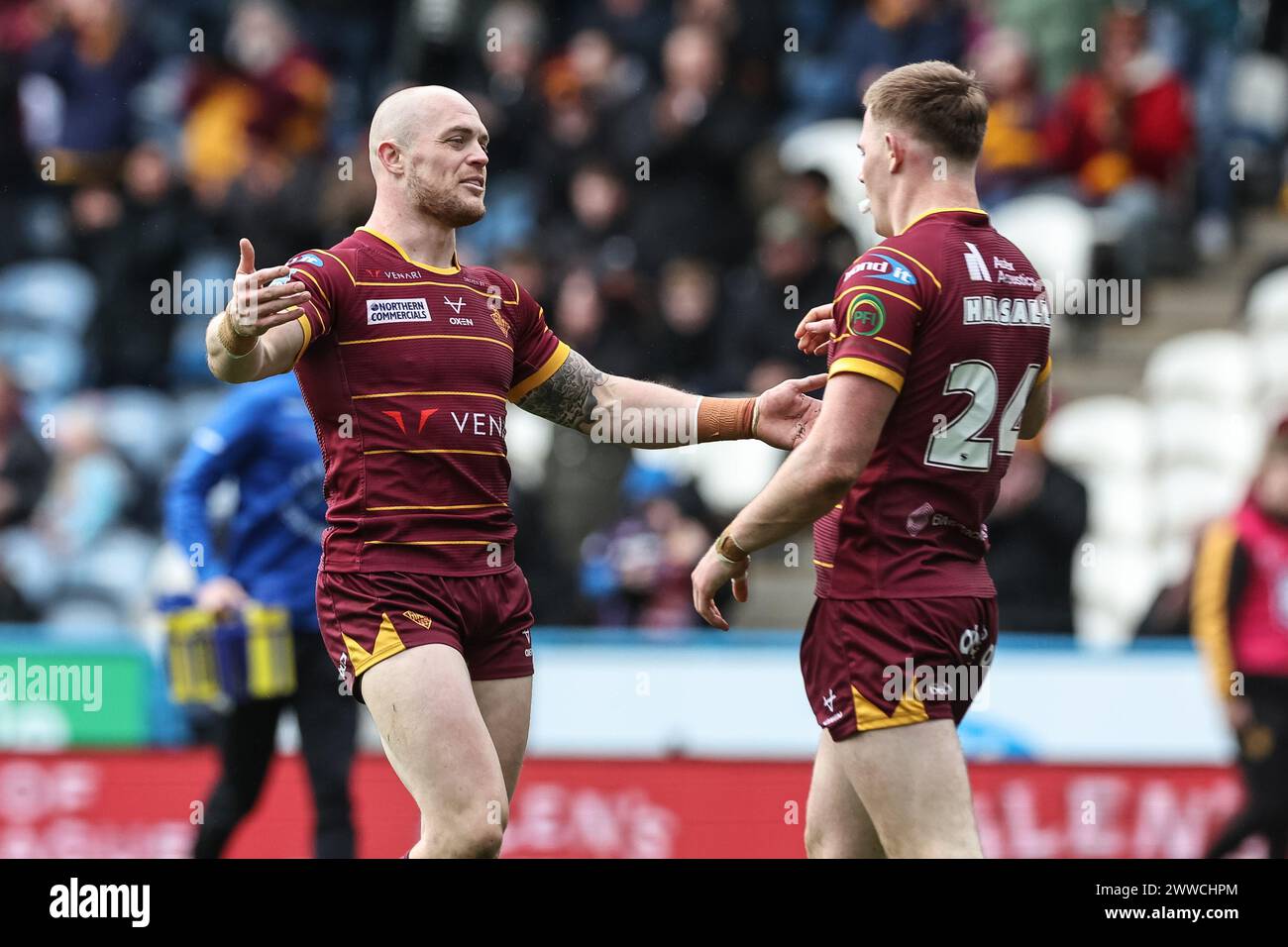 Sam Halsall of Huddersfield Giants celebrates his try to make it 28-6 ...