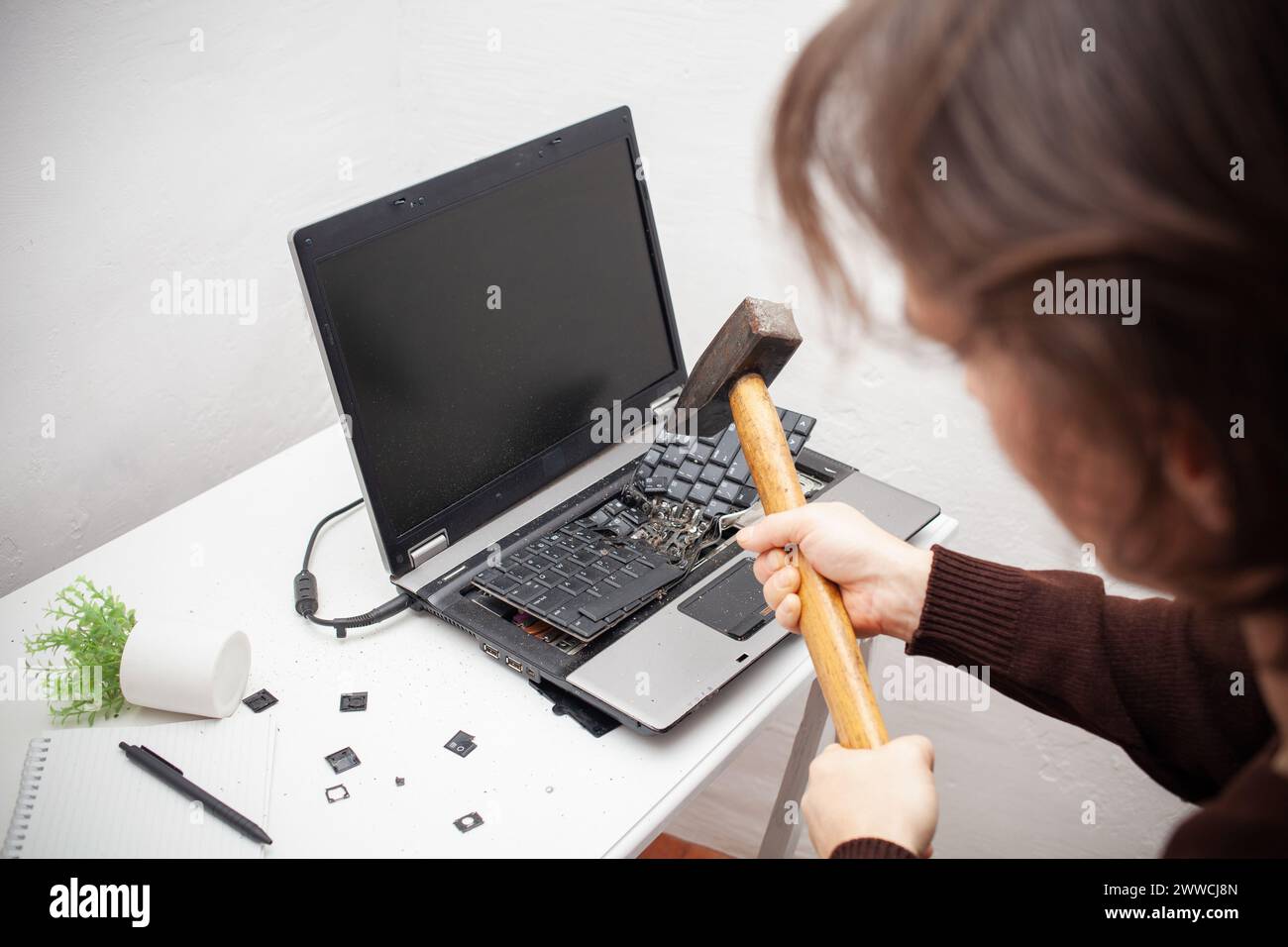 A man office worker smashed a laptop, destroyed a computer. Anger ...