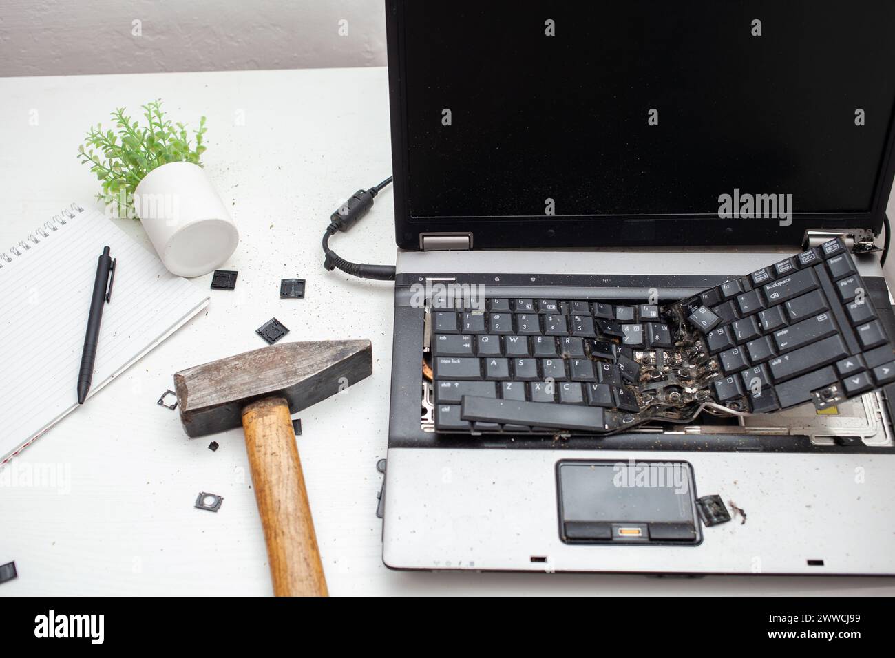 The man destroyed laptop with a hammer. Nervous work, buggy computer ...