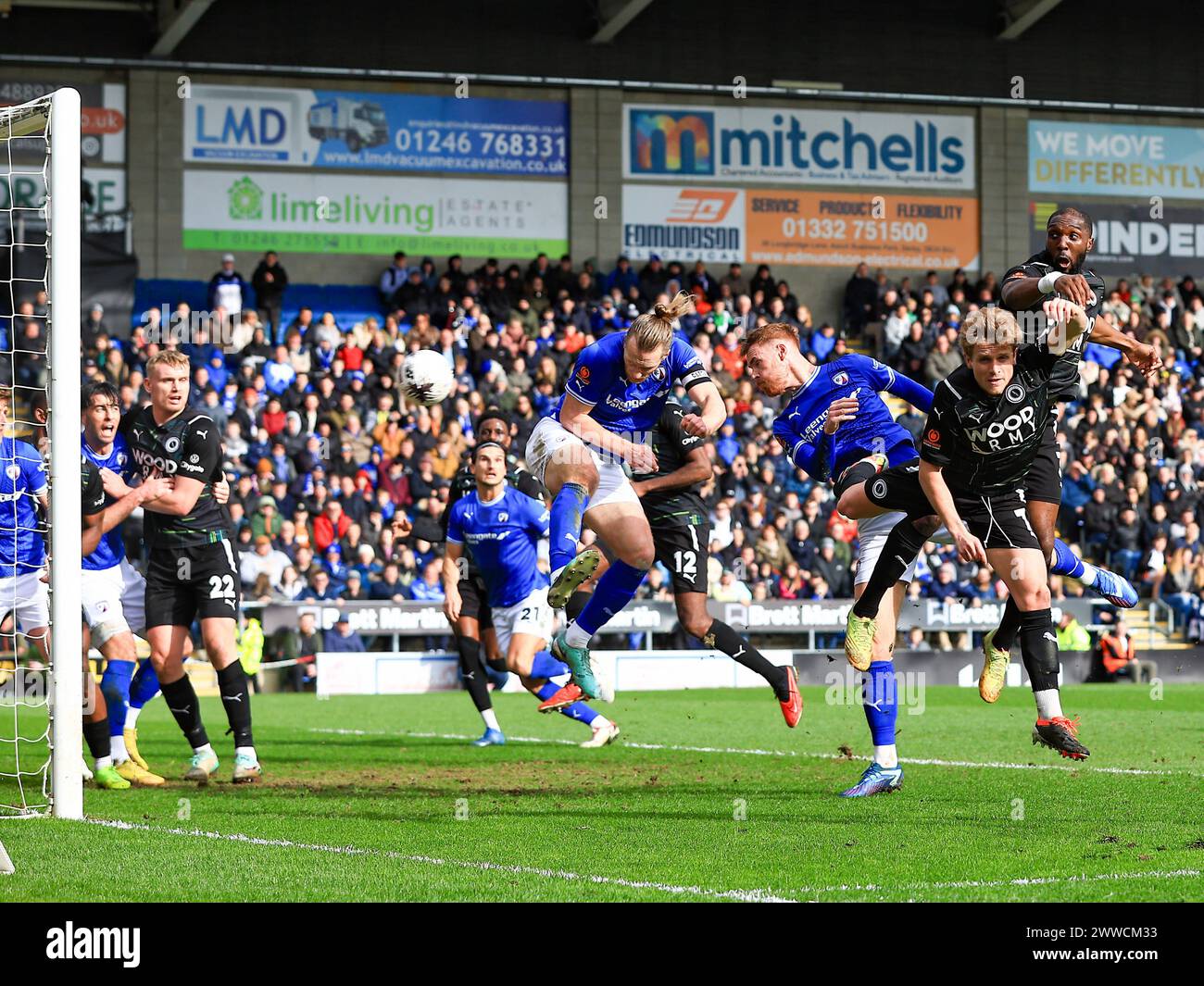 Jamie Grimes of Chesterfield heads in his sides first goal of the match ...