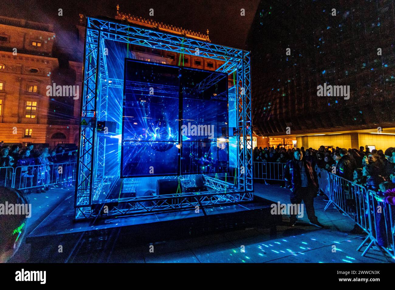 PRAGUE CZECH REPUBLIC - OCTOBER 14, 2022: QUADD laser installation of ...