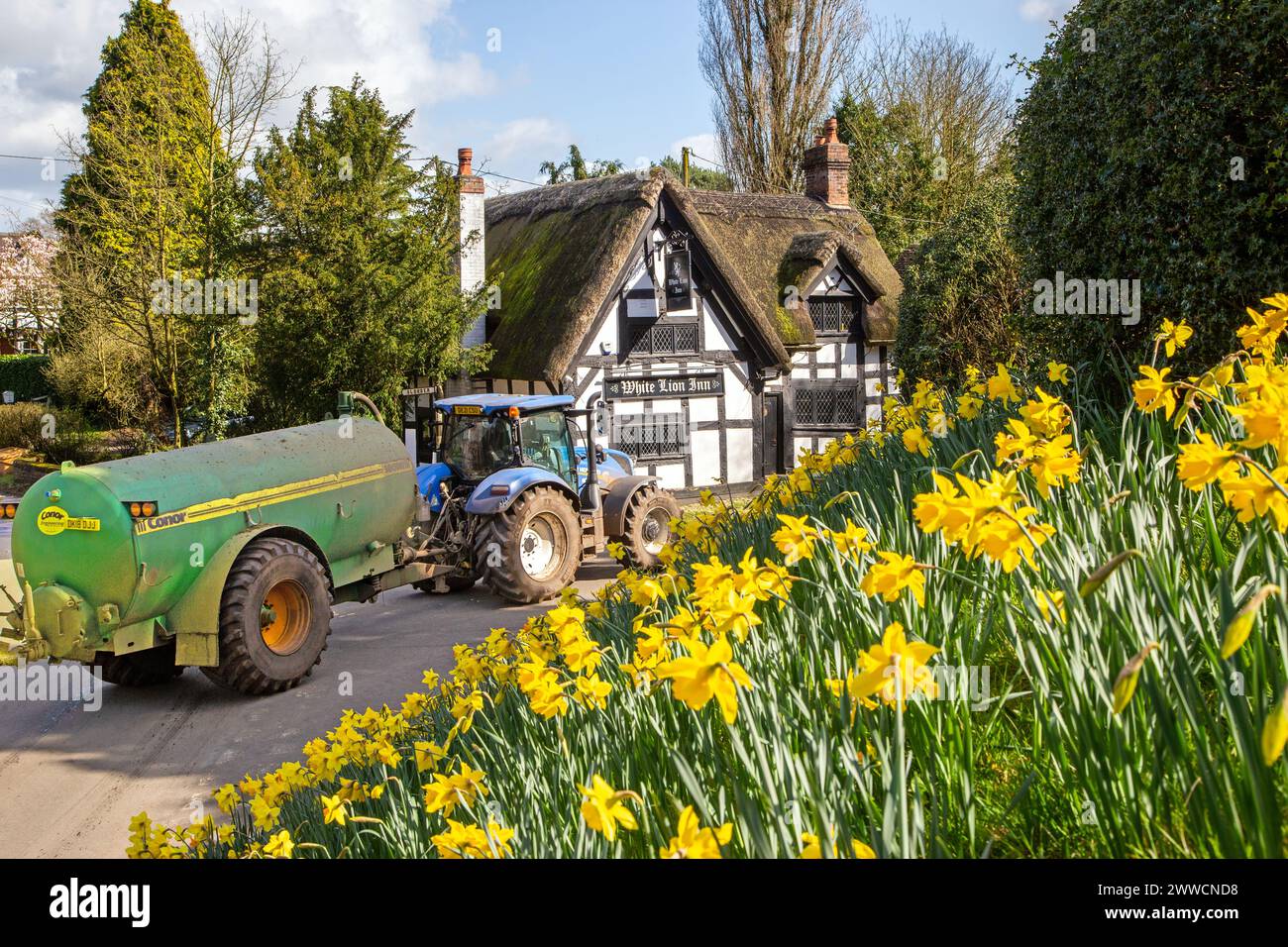 Tractors passing the black and white half timbered thatched coaching ...
