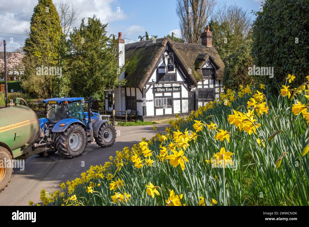 Tractors passing the black and white half timbered thatched coaching ...