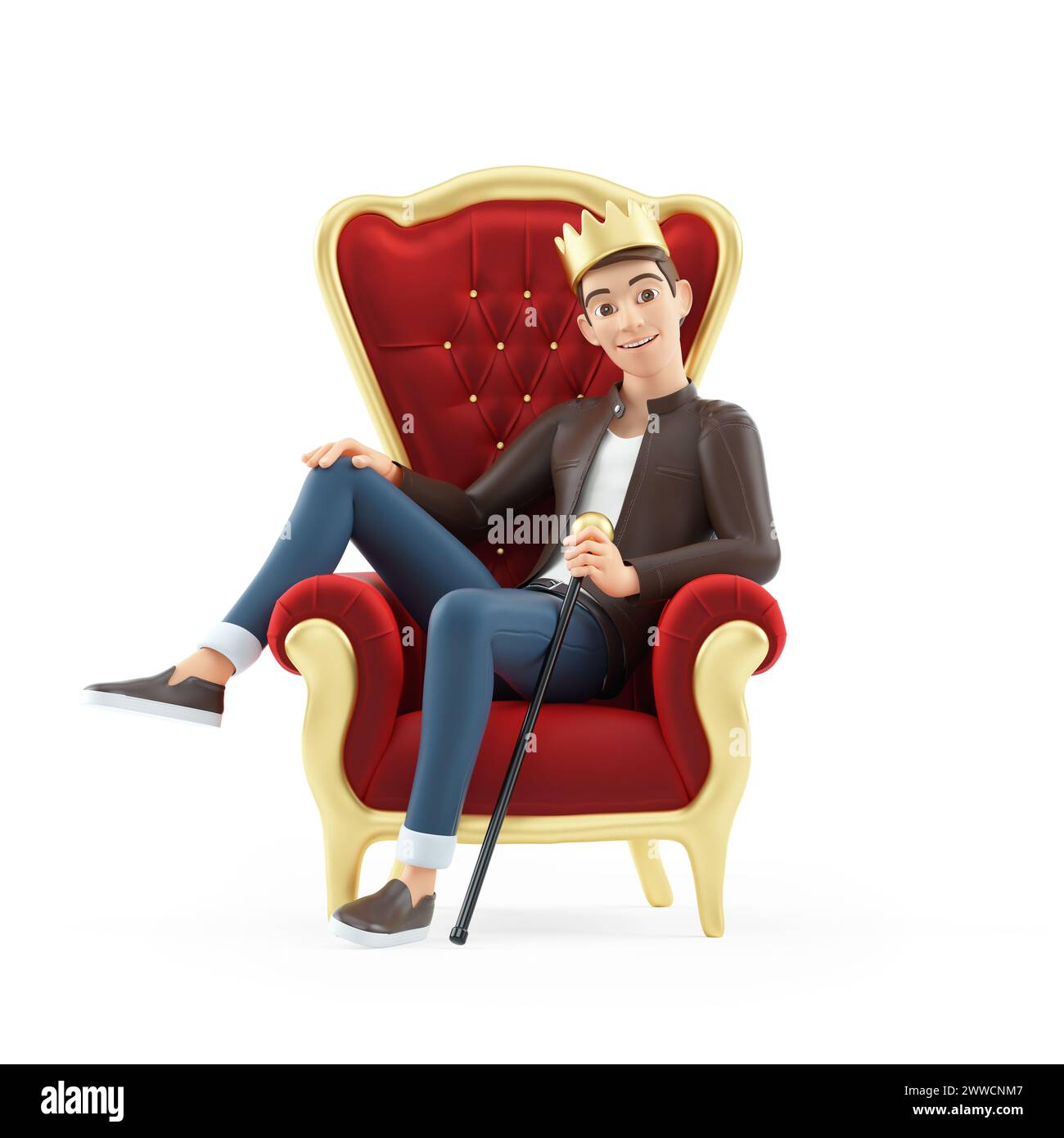 3d cartoon man sitting in throne, illustration isolated on white ...