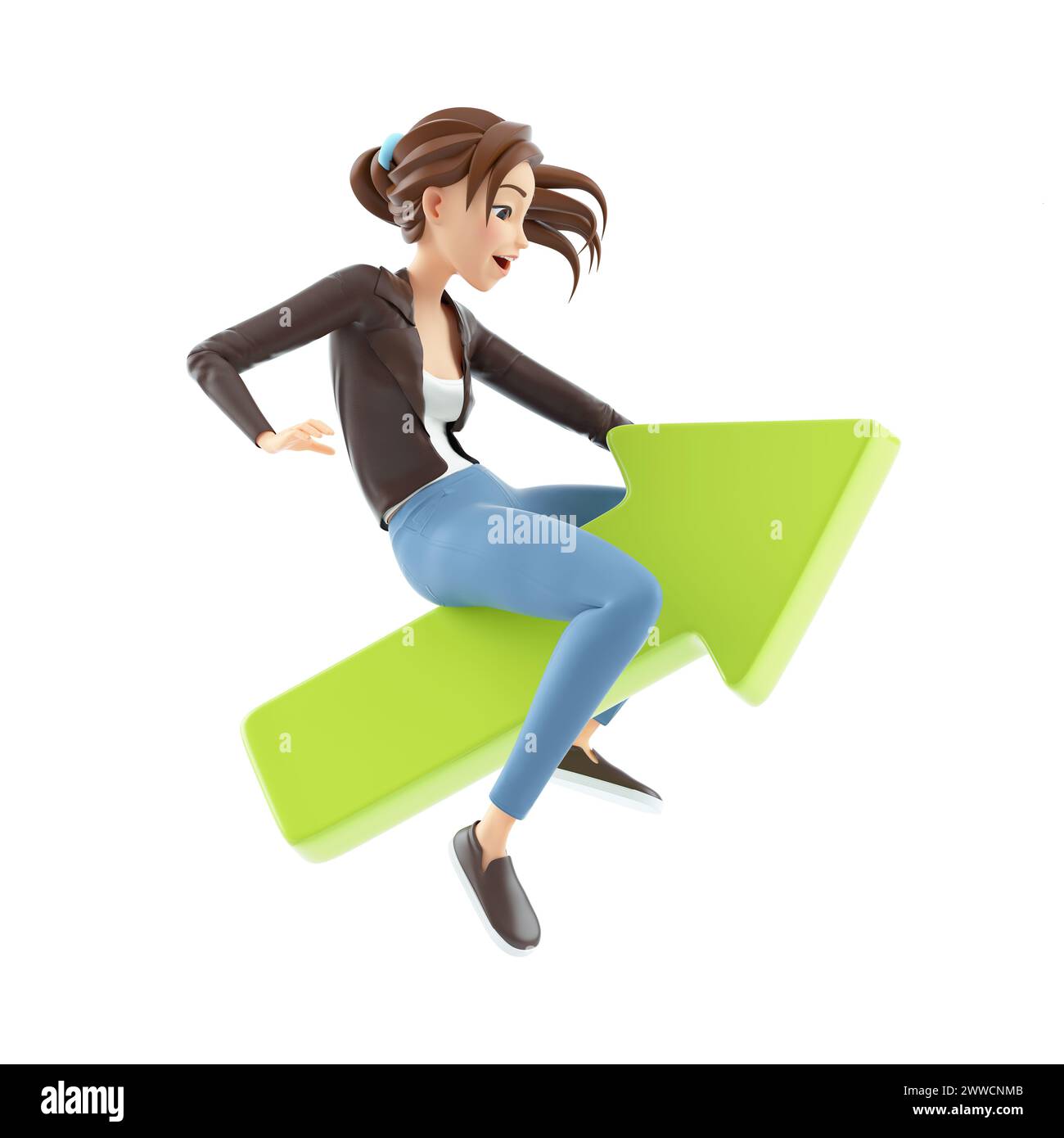 3d cartoon woman riding green arrow up, illustration isolated on white ...