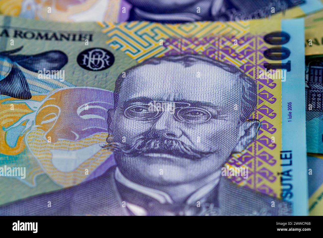 LEI money banknotes, detail photo of RON. Romanian currency Stock Photo ...