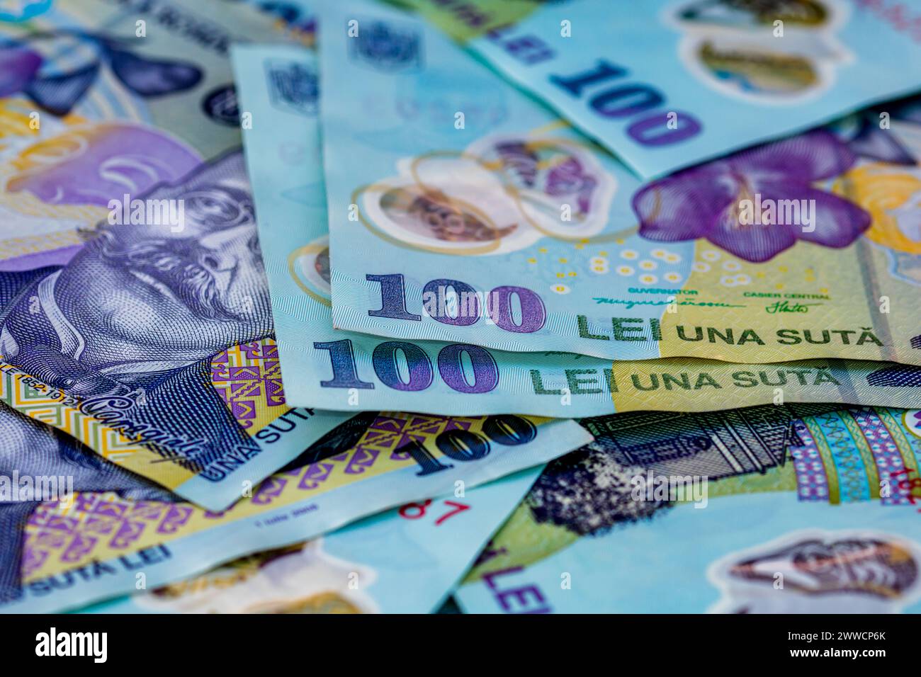 LEI money banknotes, detail photo of RON. Romanian currency Stock Photo ...