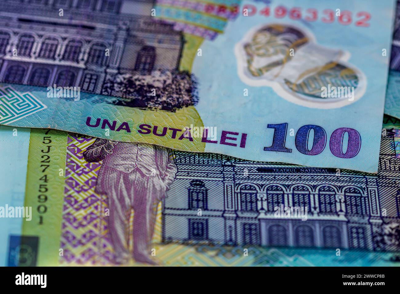 LEI money banknotes, detail photo of RON. Romanian currency Stock Photo ...