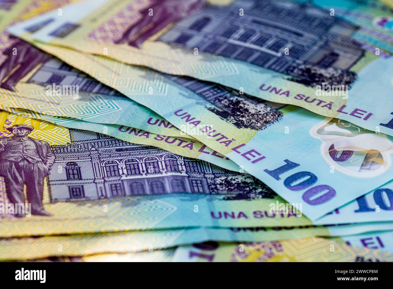 LEI money banknotes, detail photo of RON. Romanian currency Stock Photo ...