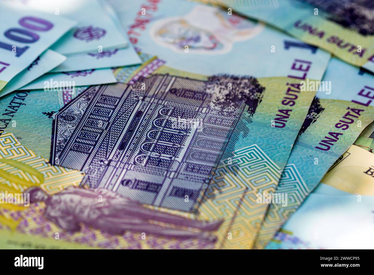 LEI money banknotes, detail photo of RON. Romanian currency Stock Photo ...