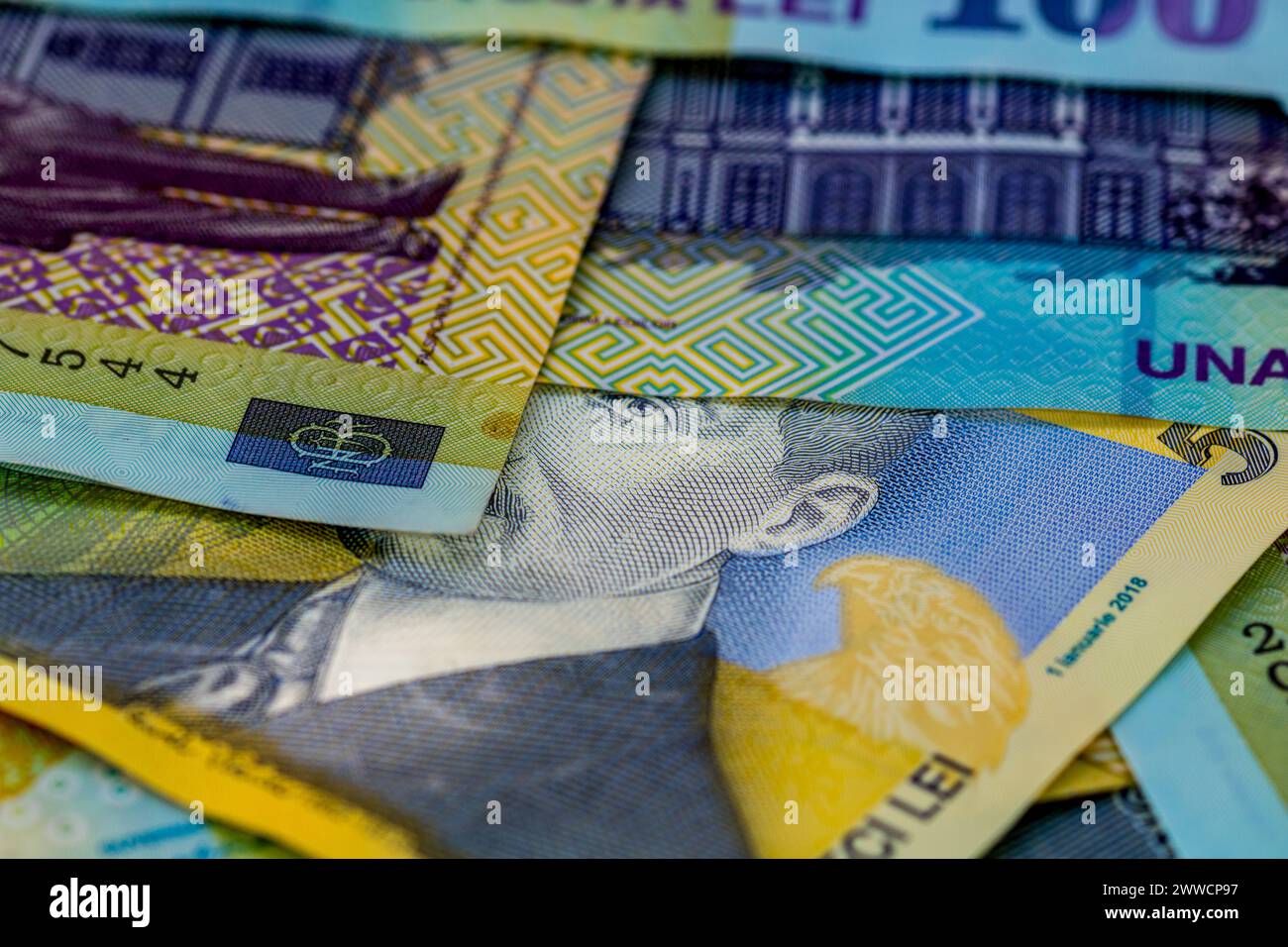 LEI money banknotes, detail photo of RON. Romanian currency Stock Photo ...