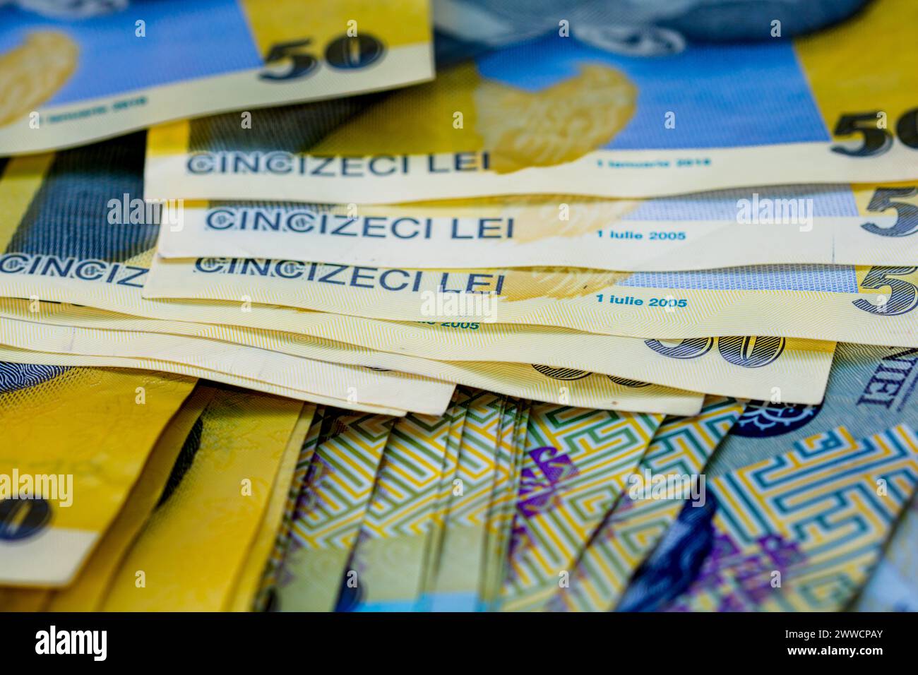 LEI money banknotes, detail photo of RON. Romanian currency Stock Photo ...