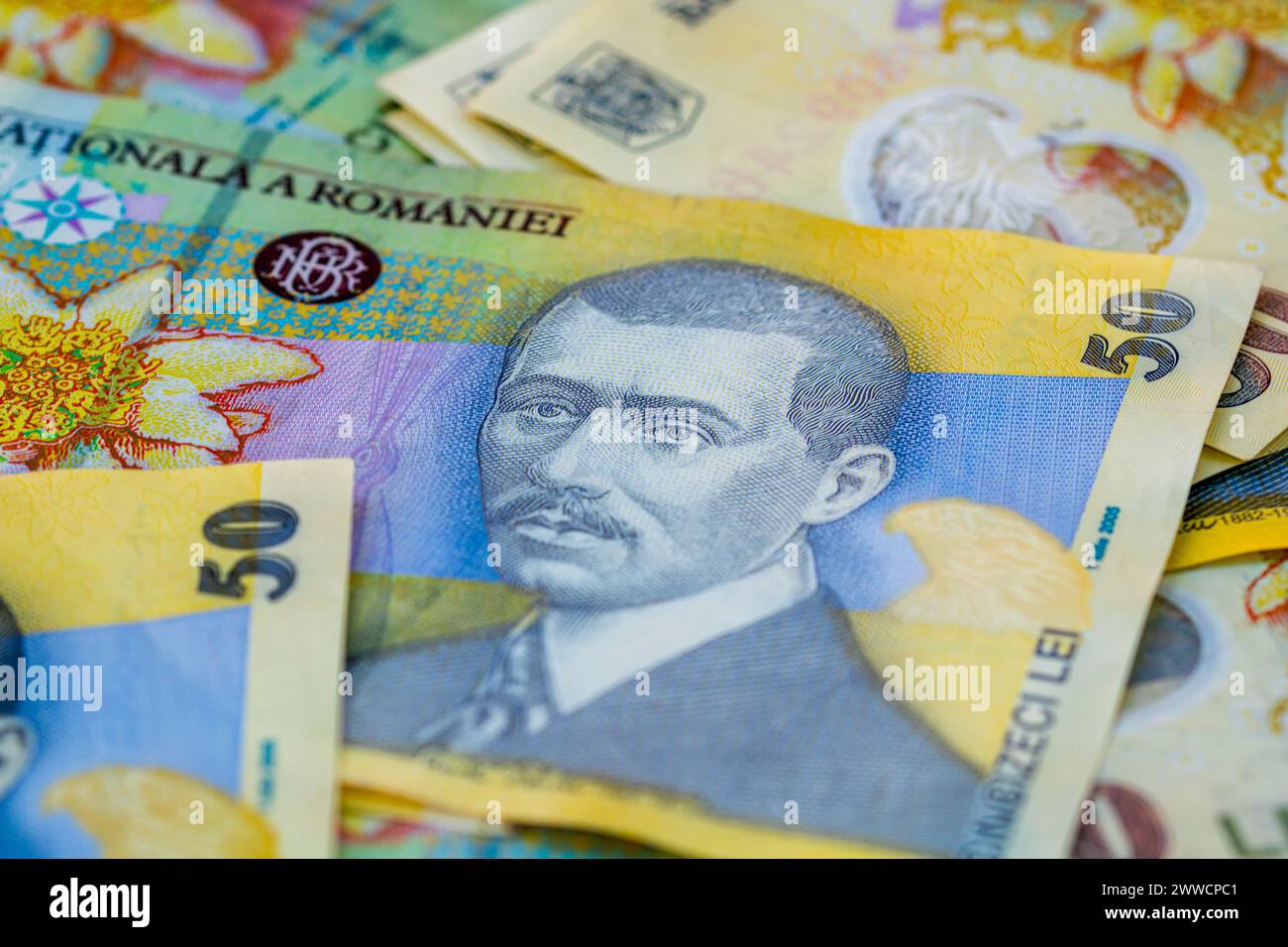 LEI money banknotes, detail photo of RON. Romanian currency Stock Photo ...