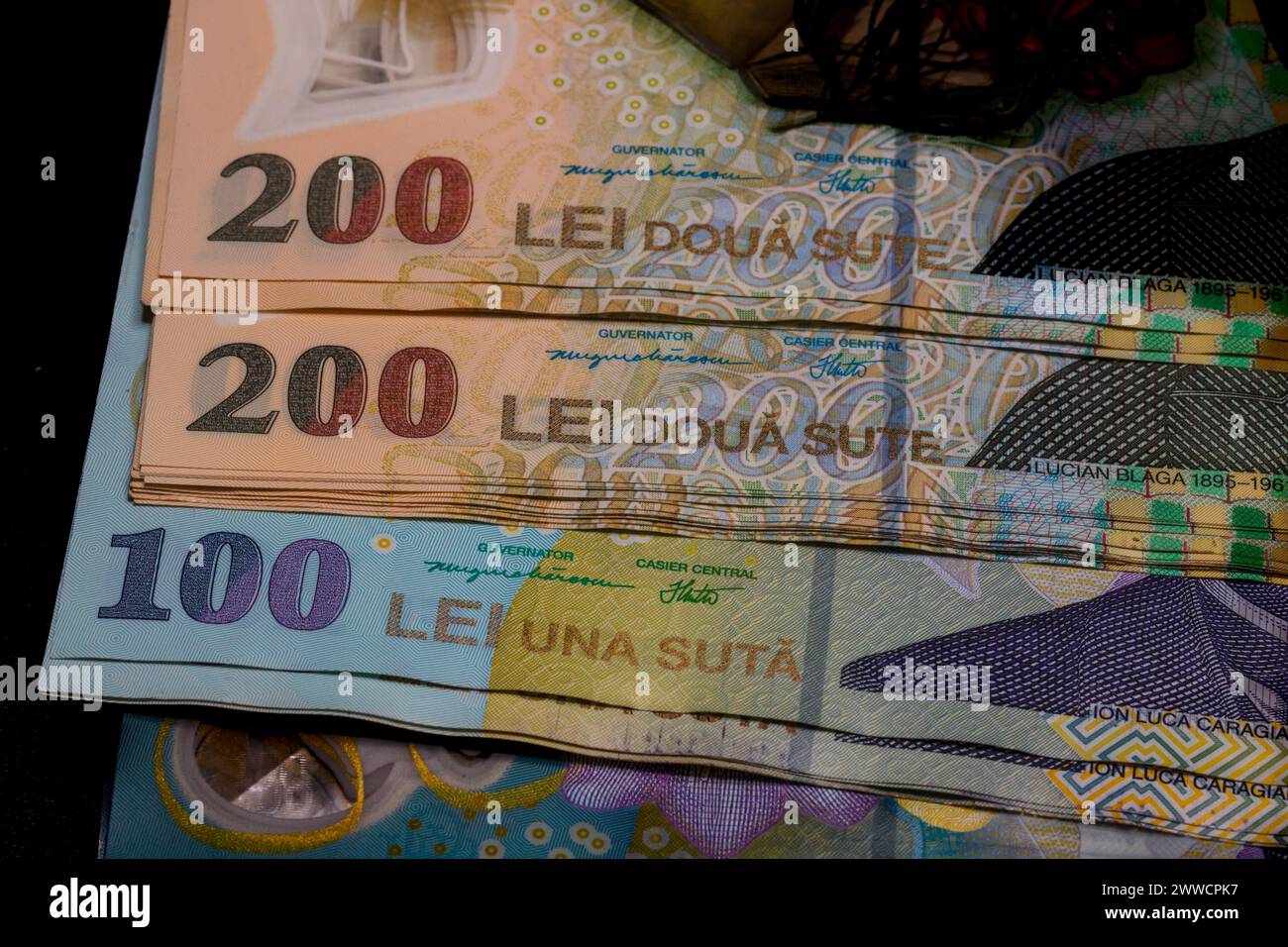 LEI money banknotes, detail photo of RON. Romanian currency Stock Photo ...