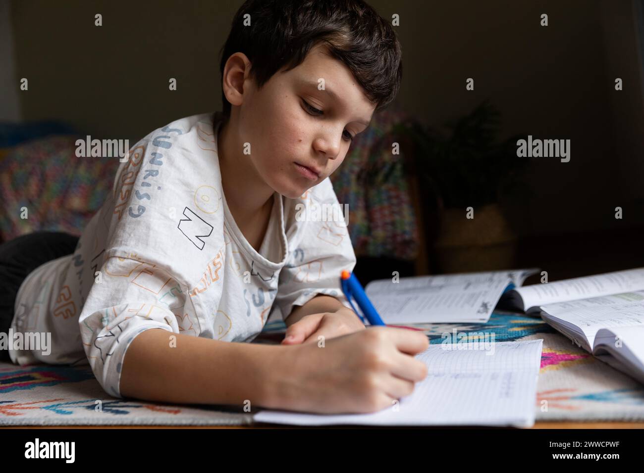 Teenager doing school homework, writing in notebooks and solving ...