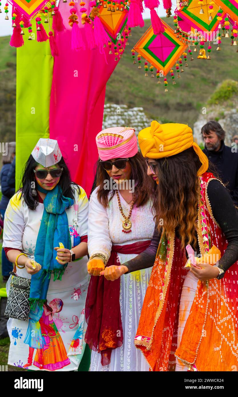Corfe Castle, Dorset, UK. 23rd March 2024. Holi, the Hindu festival of ...