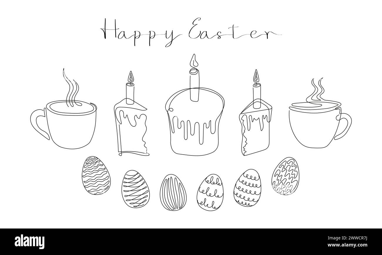 Easter Set in continuous one line style with design elements like Easter cakes with lit candles ...