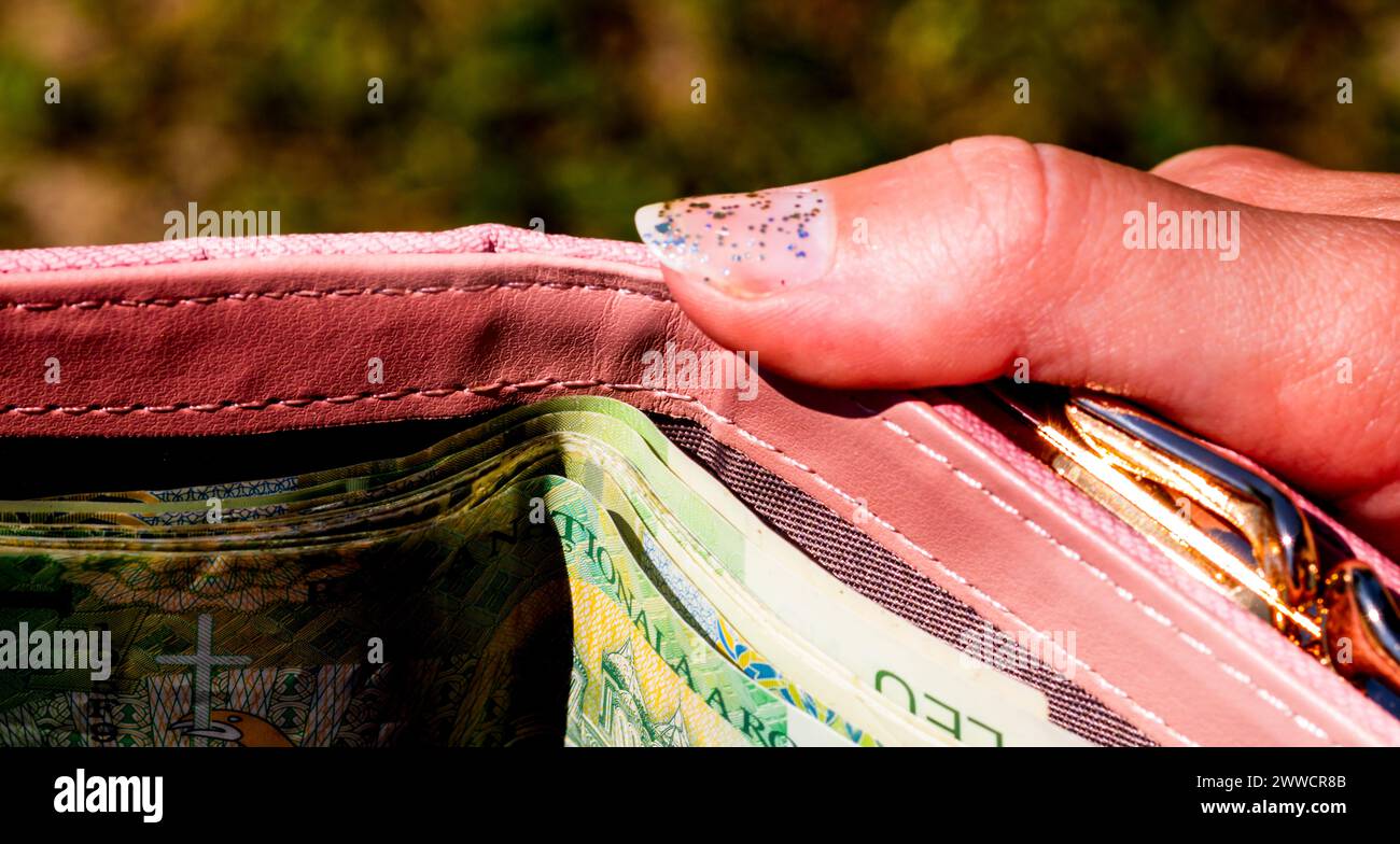 LEI money banknotes, detail photo of RON. Romanian currency Stock Photo ...