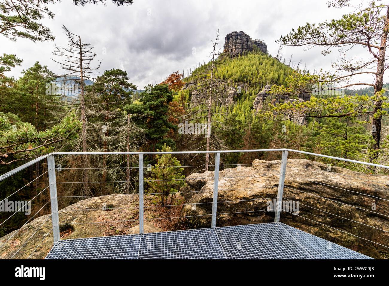 Havrani skala rock viewed from Falkenstejn castle ruin in the Czech ...