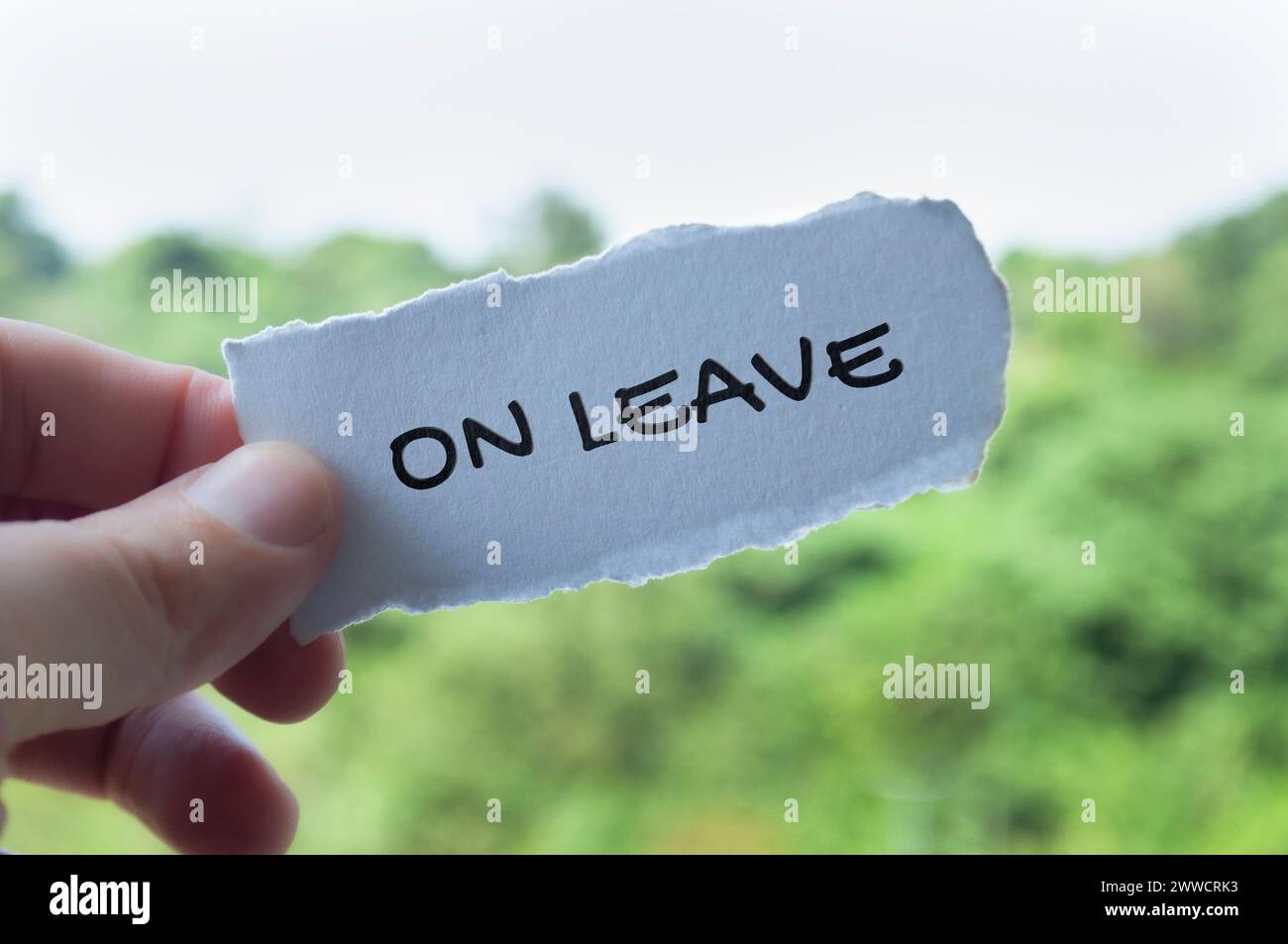 Hand holding torn paper with On Leave text with nature background ...