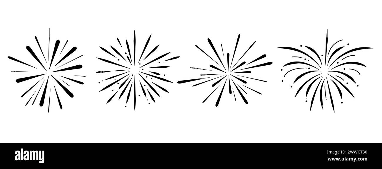 Set fireworks doodle line explosion radial sparkler with rays, hand ...