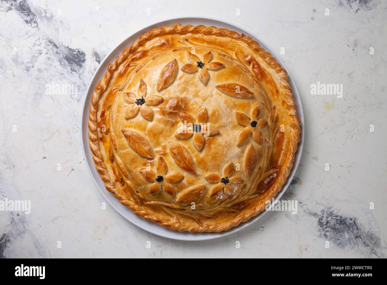 Golden brown top crust with decorative flourishes over savory meat ...