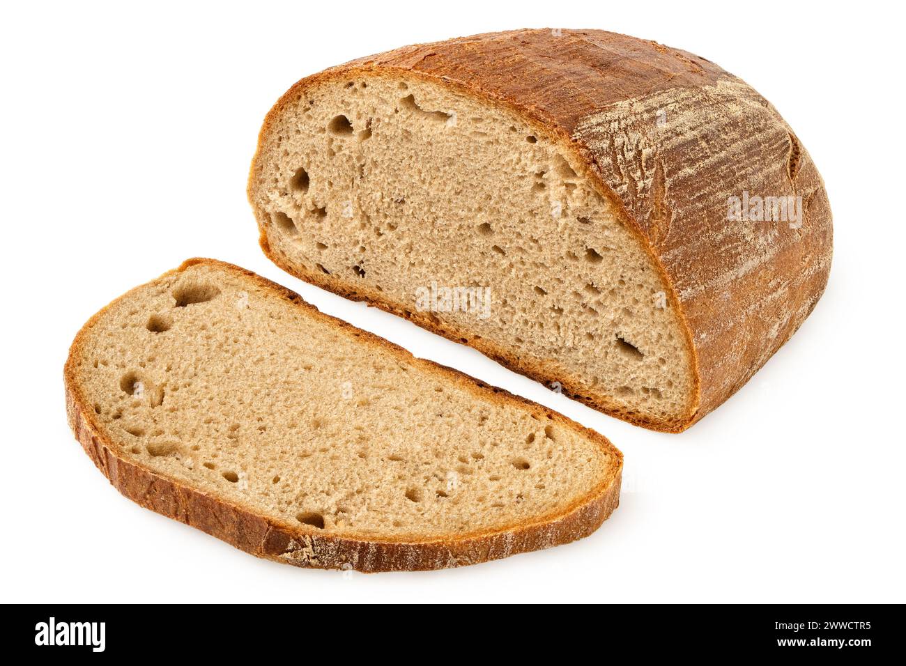 Half loaf of european rye bread next to a slice of rye bread isolated ...
