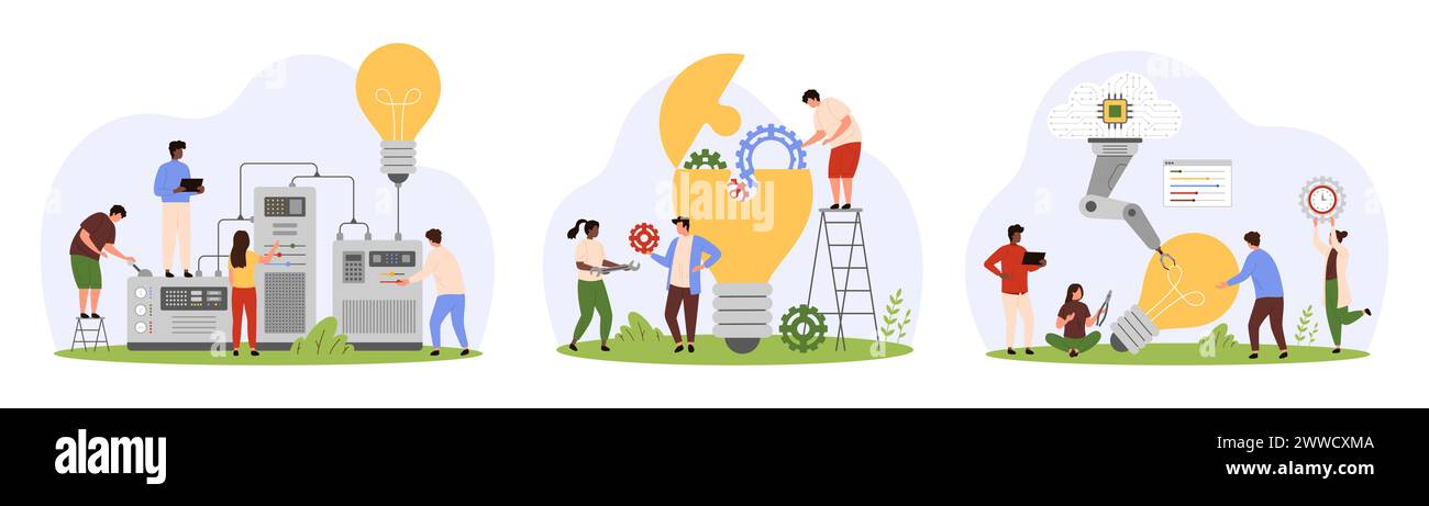 Tech solutions and innovation, digital project and insight set. Tiny ...