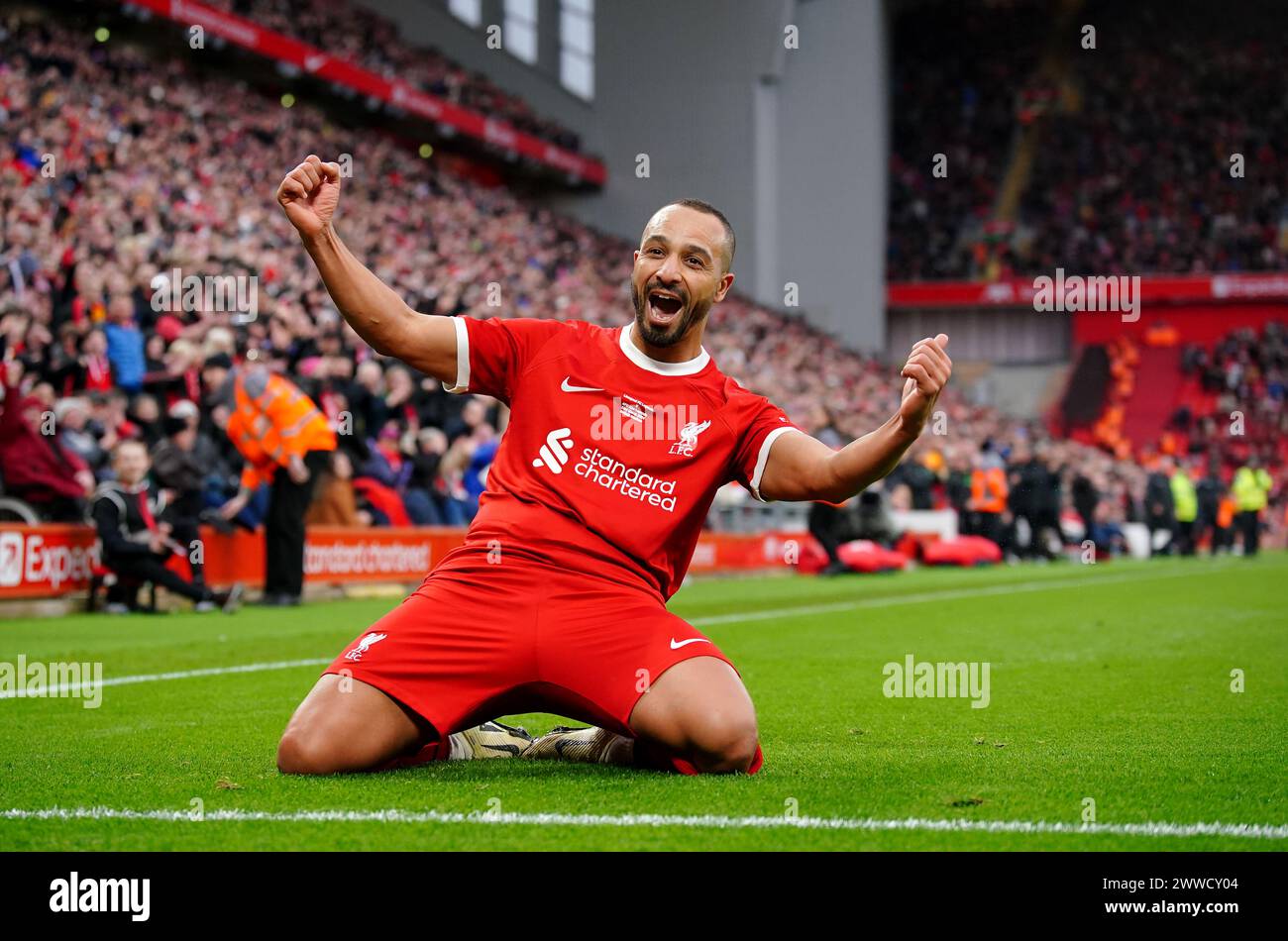 Liverpool Legends' Nabil El Zhar celebrates scoring his sides third ...